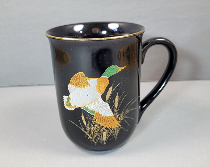 Vintage Otagiri Flying Mallard Duck Black Porcelain Coffee Mug With ...
