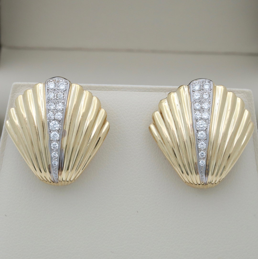 Vintage Diamond and 14K Gold Shell Earrings - Etsy