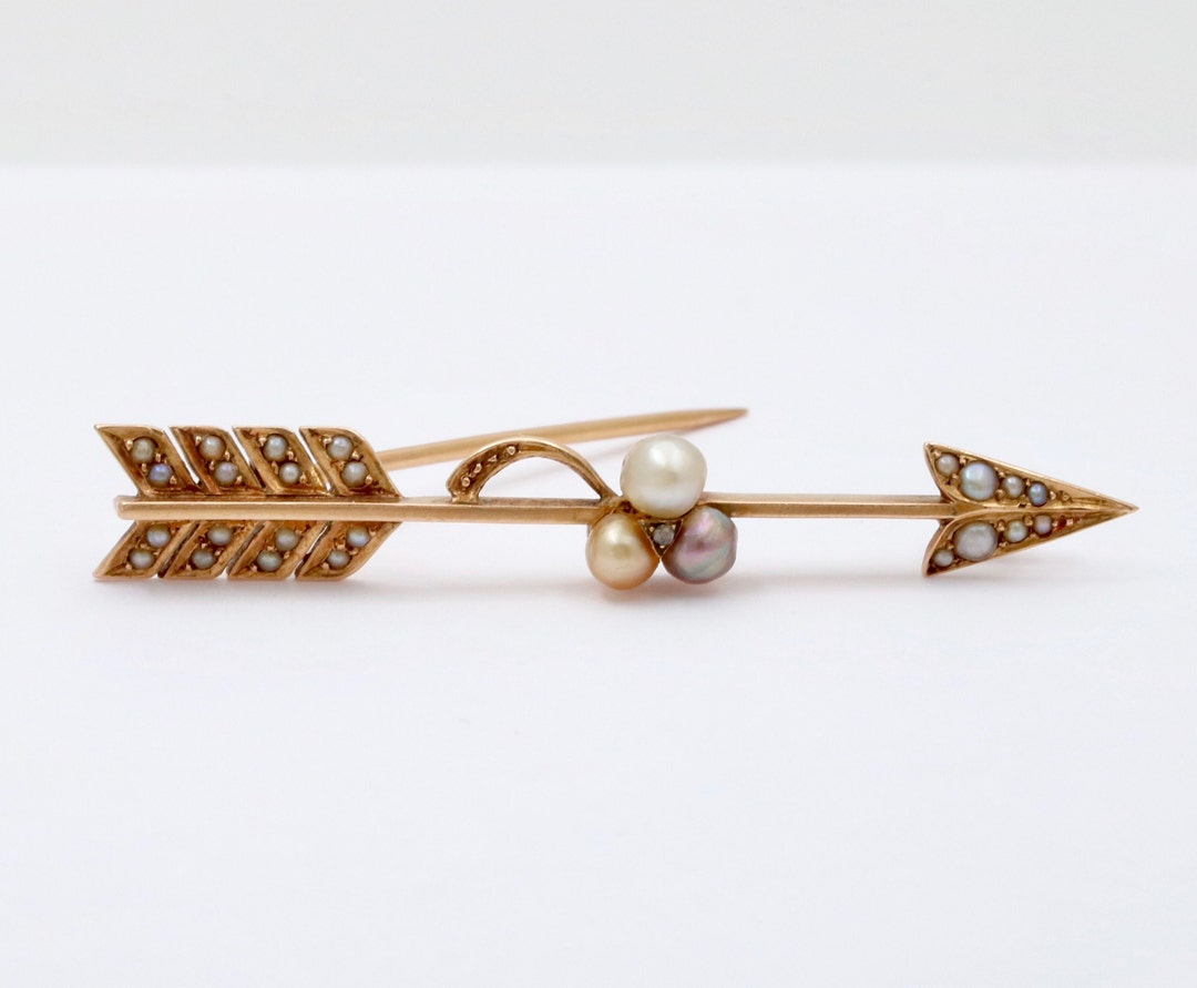 Antique 14K Gold, Rose Cut Diamond and Pearl Arrow Pin, Edwardian ...