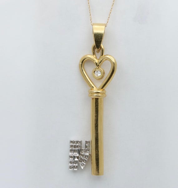 Large Diamond and 18K Gold LOVE Skeleton Key Pendant - Gem