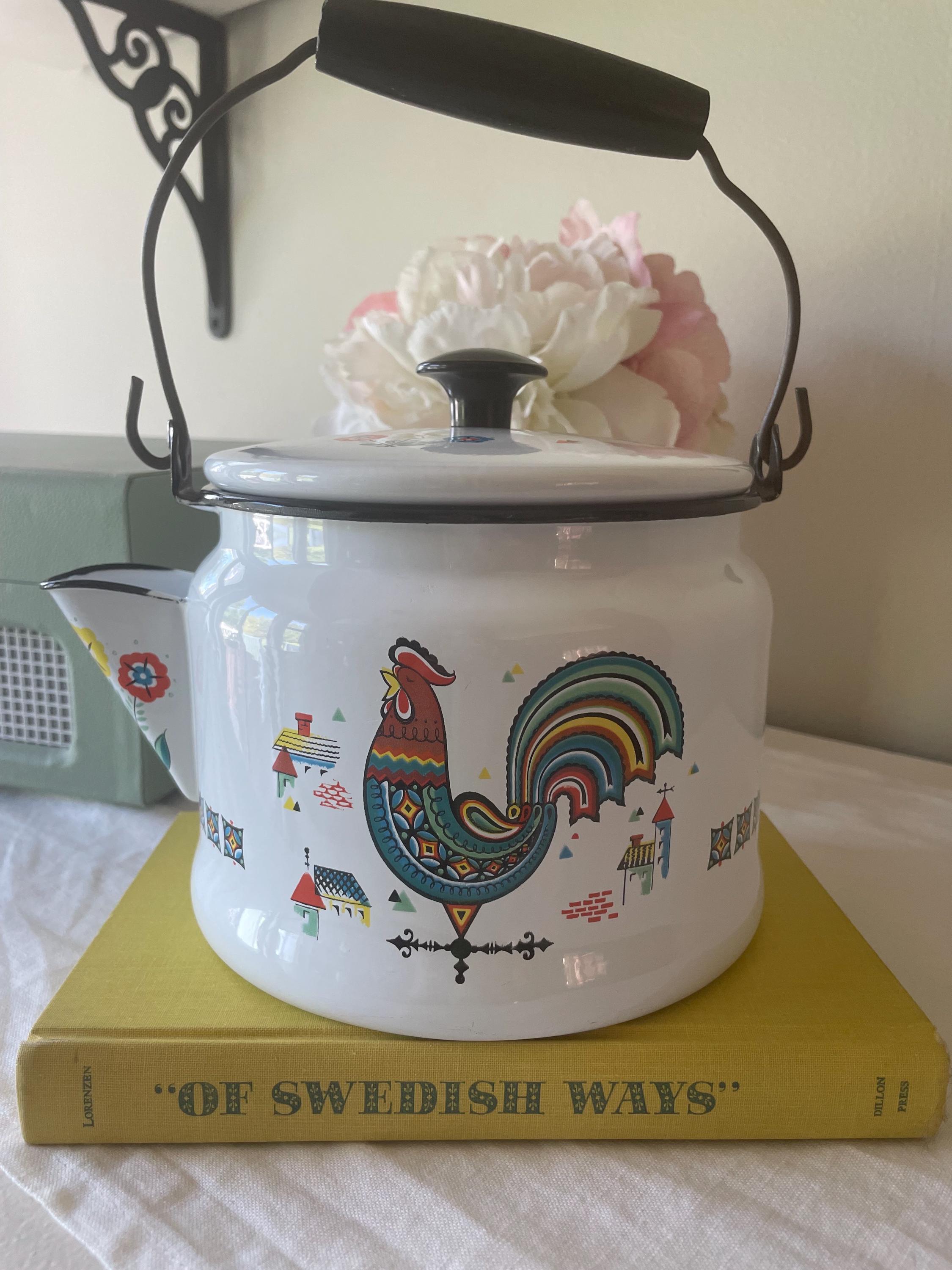 1960s White Enamel Berggren Kettle Rooster Folkart Swedish Design - Etsy