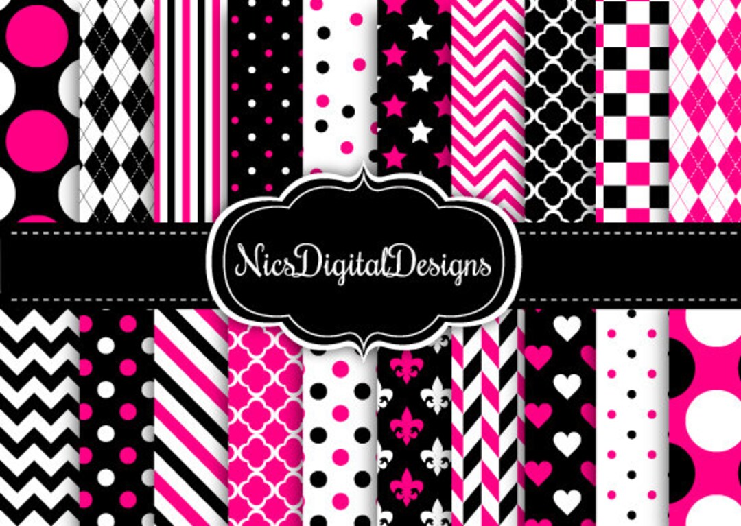 20 Digital Papers. 2 Tone Patterns in Pink and Black 9D No 2 for ...