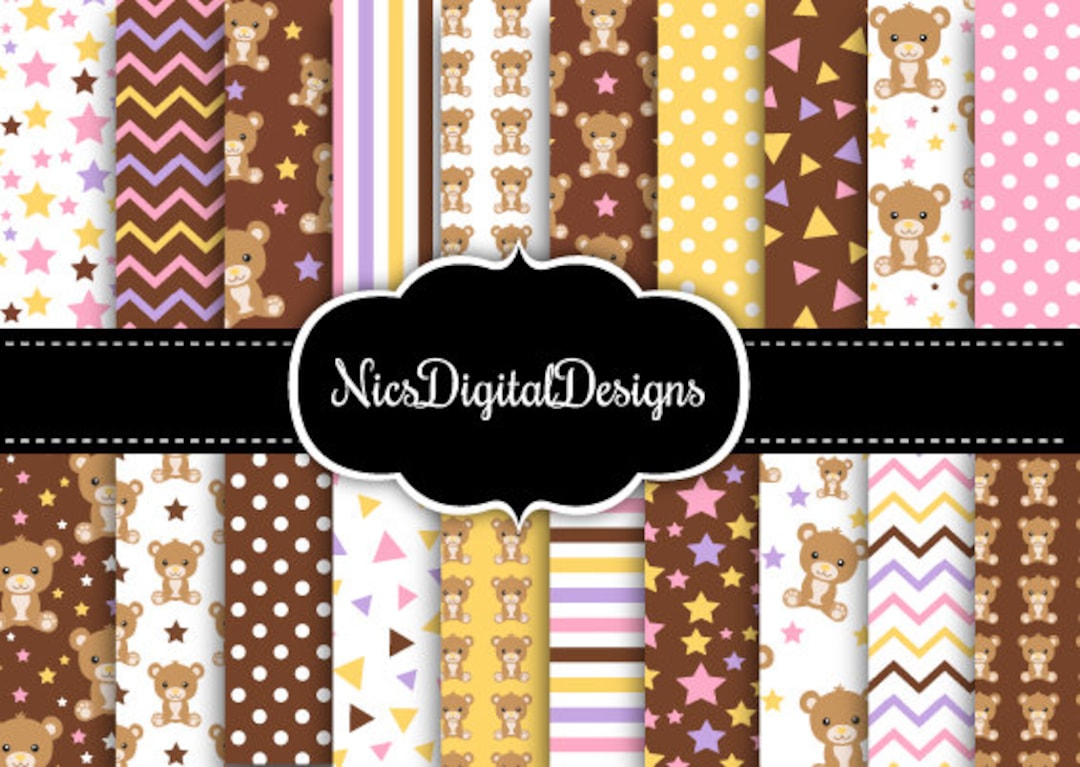 20 Digital Papers. Cute Teddy Bears in Pink and Brown 7A No 2 for ...