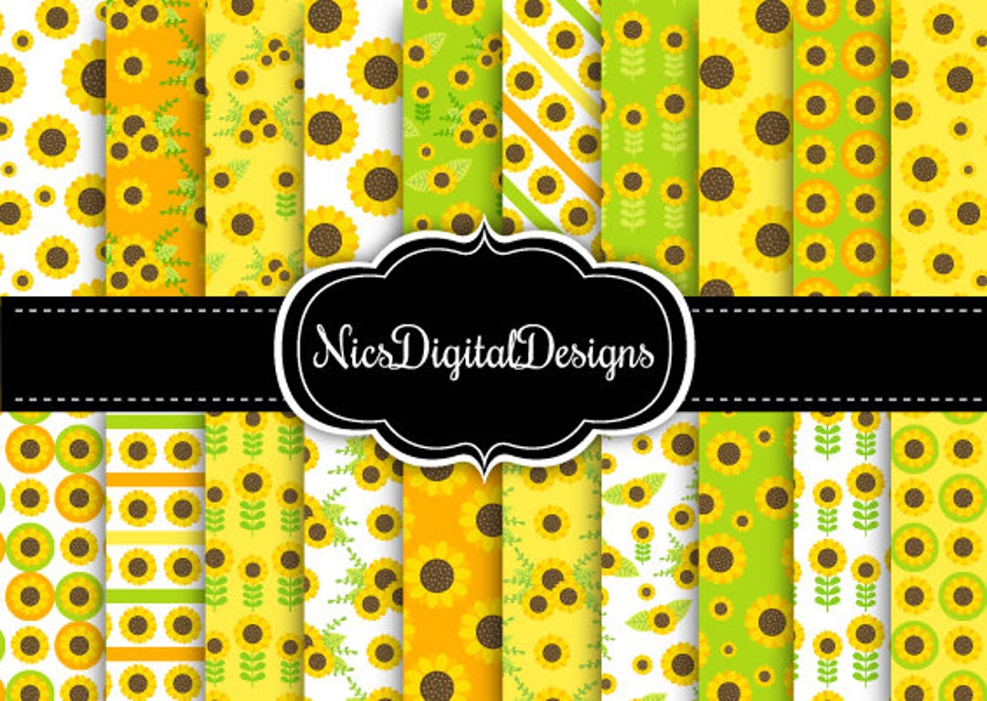 20 Digital Papers. Sunflower Summer in Green and Yellow 2C No 6 for ...