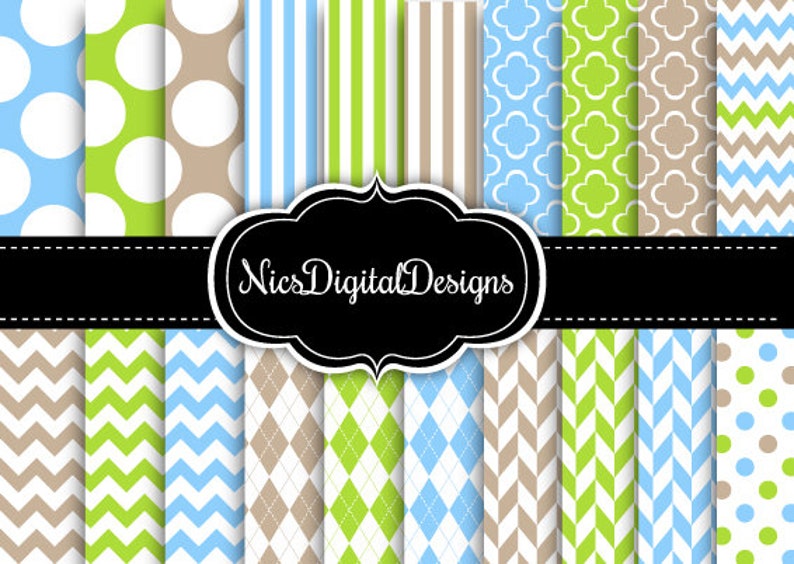 20 Digital Papers-3 Tone Patterns in Green Beige Blue 6A No 3 for ...