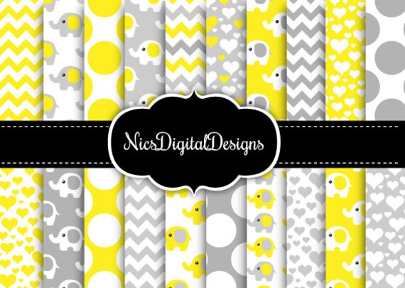 20 Digital Papers. Elephant Patterns in Grey and Yellow 2C no | Etsy