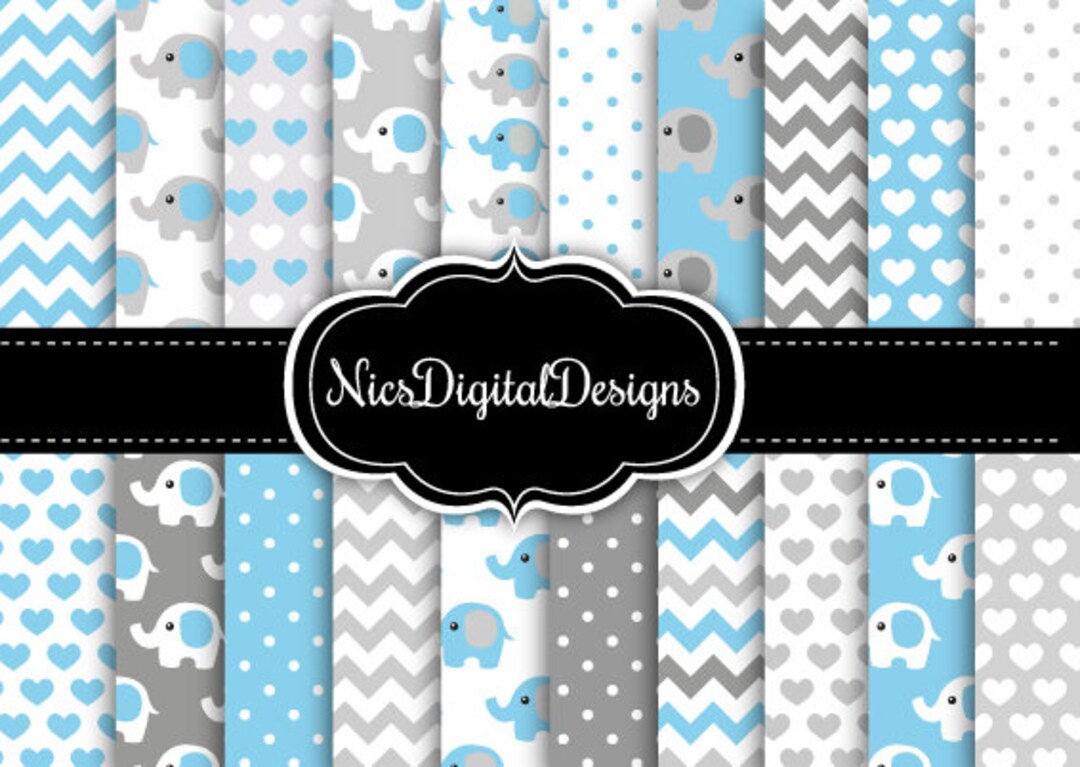 20 Digital Papers. Elephant Patterns in Grey and Blue 7A No 2 for ...