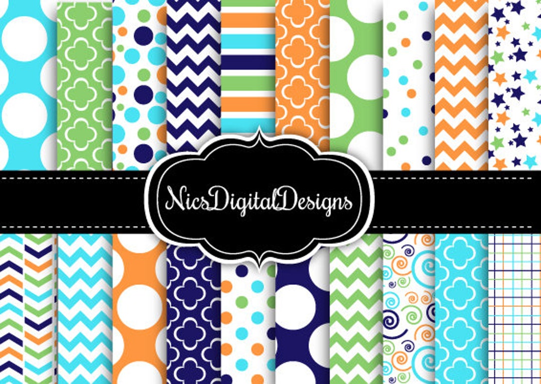 20 Digital Papers. 4 Tone Patterns in Navy Orange Blue Green 4C No 4 ...