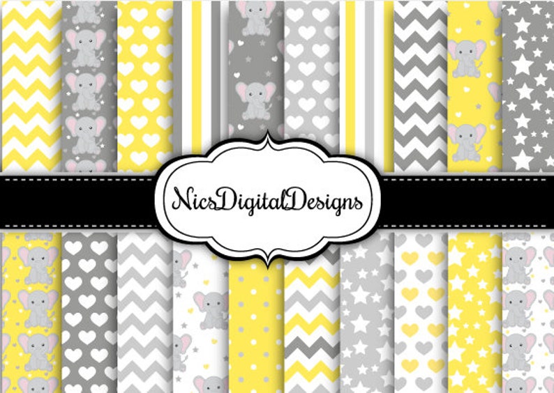 20 Digital Papers. Elephant Patterns in Grey and Yellow 7A No - Etsy UK