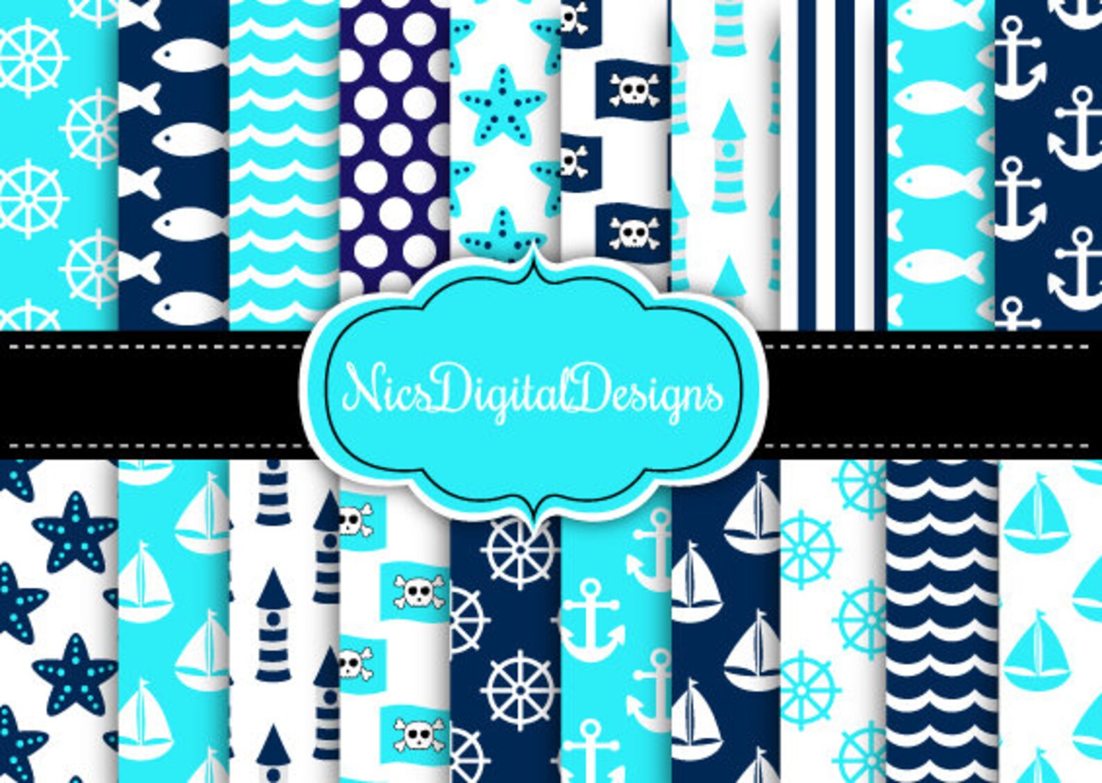 20 Digital Papers. Nautical Patterns in Navy and Blue 1E no | Etsy