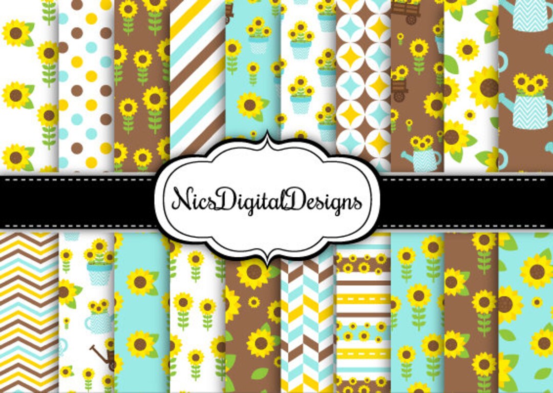 20 Digital Papers. Sunflower Mixed Patterns in Blue 2B No 6 for ...