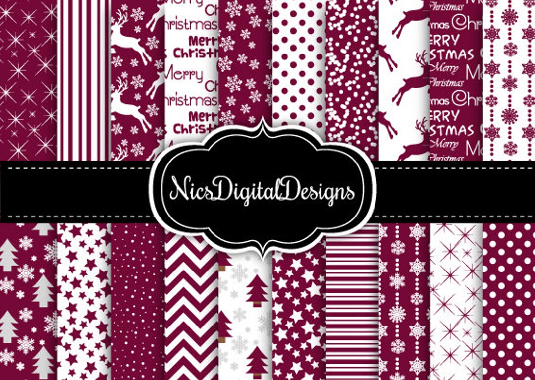 20 Digital Papers. Winter Nights in Burgundy and Silver3b No 5 for ...