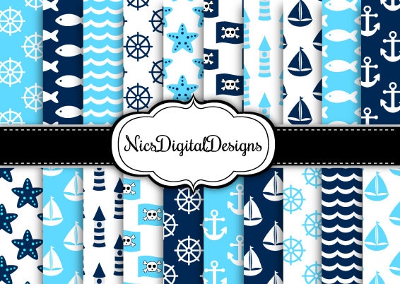 20 Digital Papers. Nautical Patterns in Navy and Blue 7F No 7 for ...