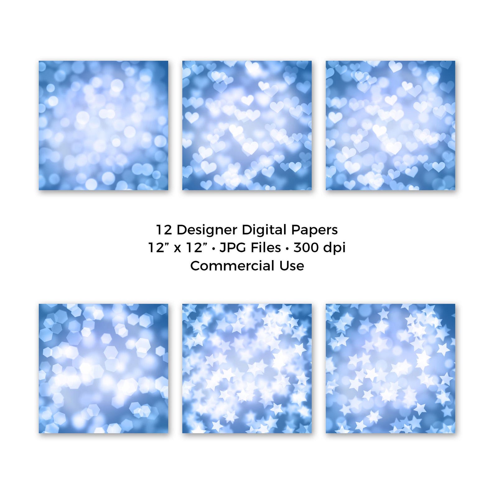 Winter Blues With White Bokeh Digital Paper, Commercial Use, Instant ...