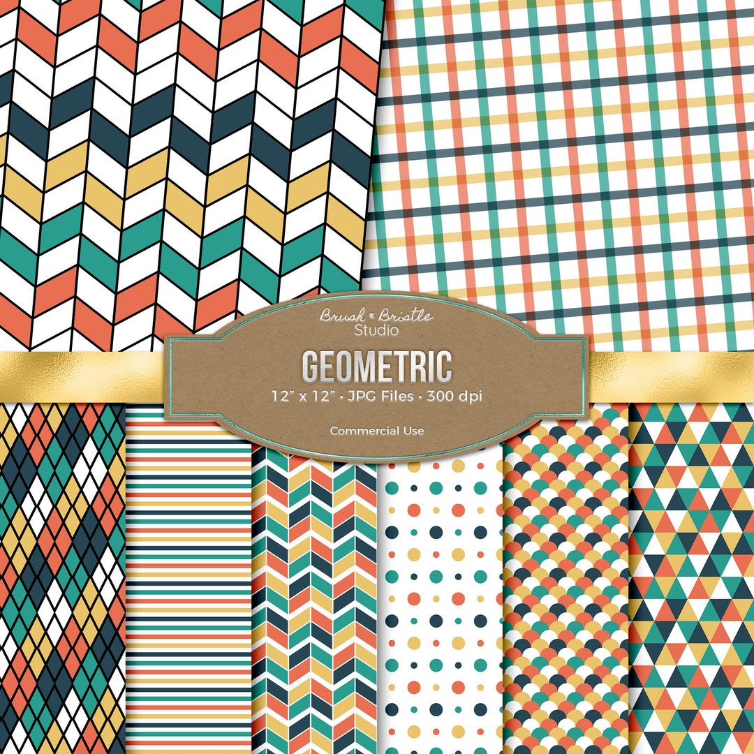Orange, Yellow, Teal, and Navy Geometric Seamless Digital Paper ...