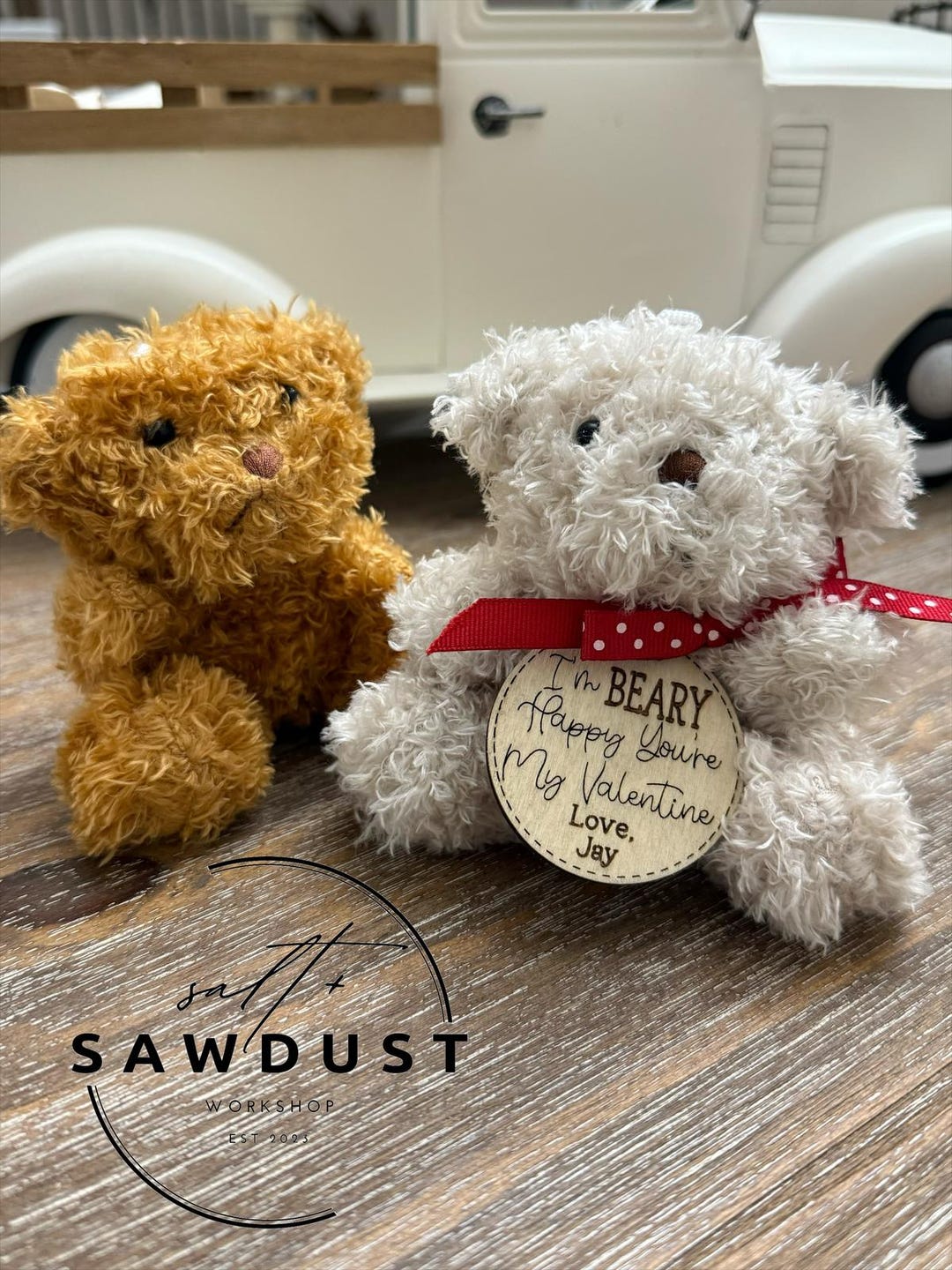 Mini Fuzzy Bear With Custom Valentine Token - Handmade Wood Charm ...