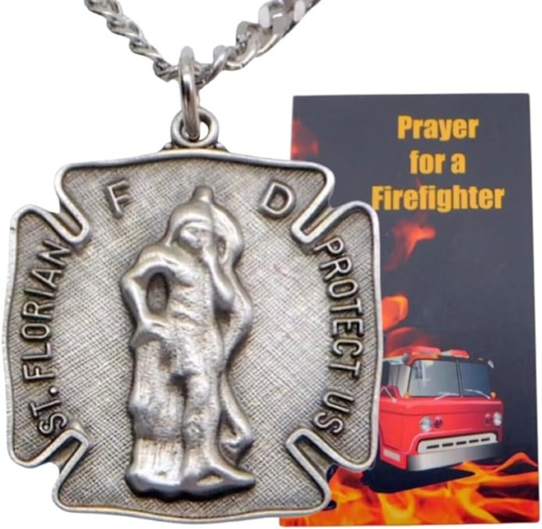 Pewter Firefighter Medal Necklace Set With Stainless Steel Chain Patron ...