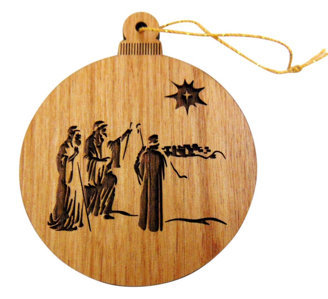 Christmas Bulb Shaped Flat Wooden Nativity Scene Ornament Made - Etsy