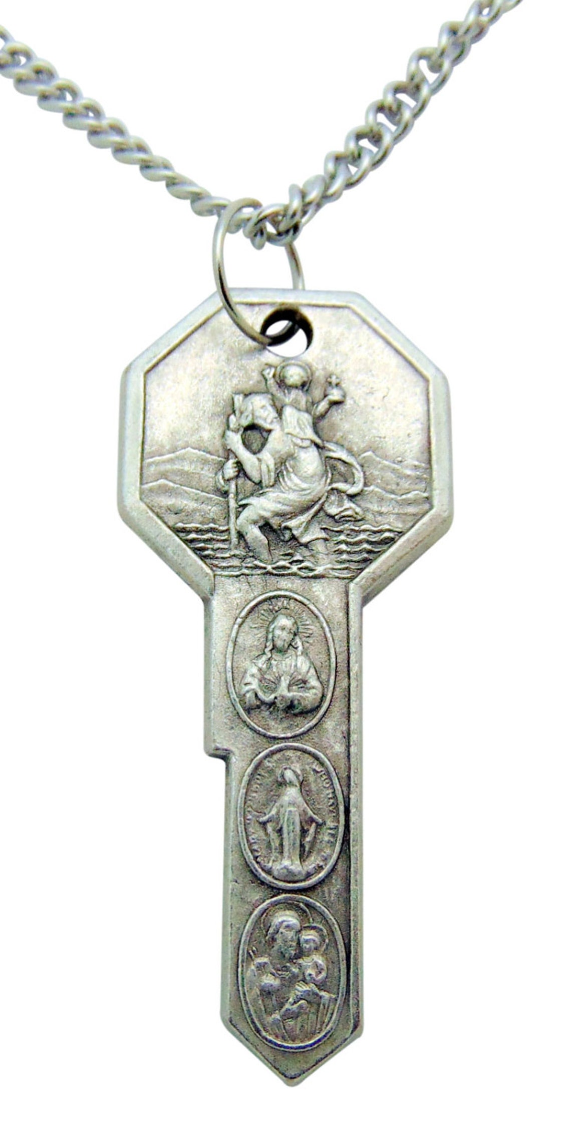 St Christopher & St Anthony Key Metal Pendant 2 Long With Stainless ...