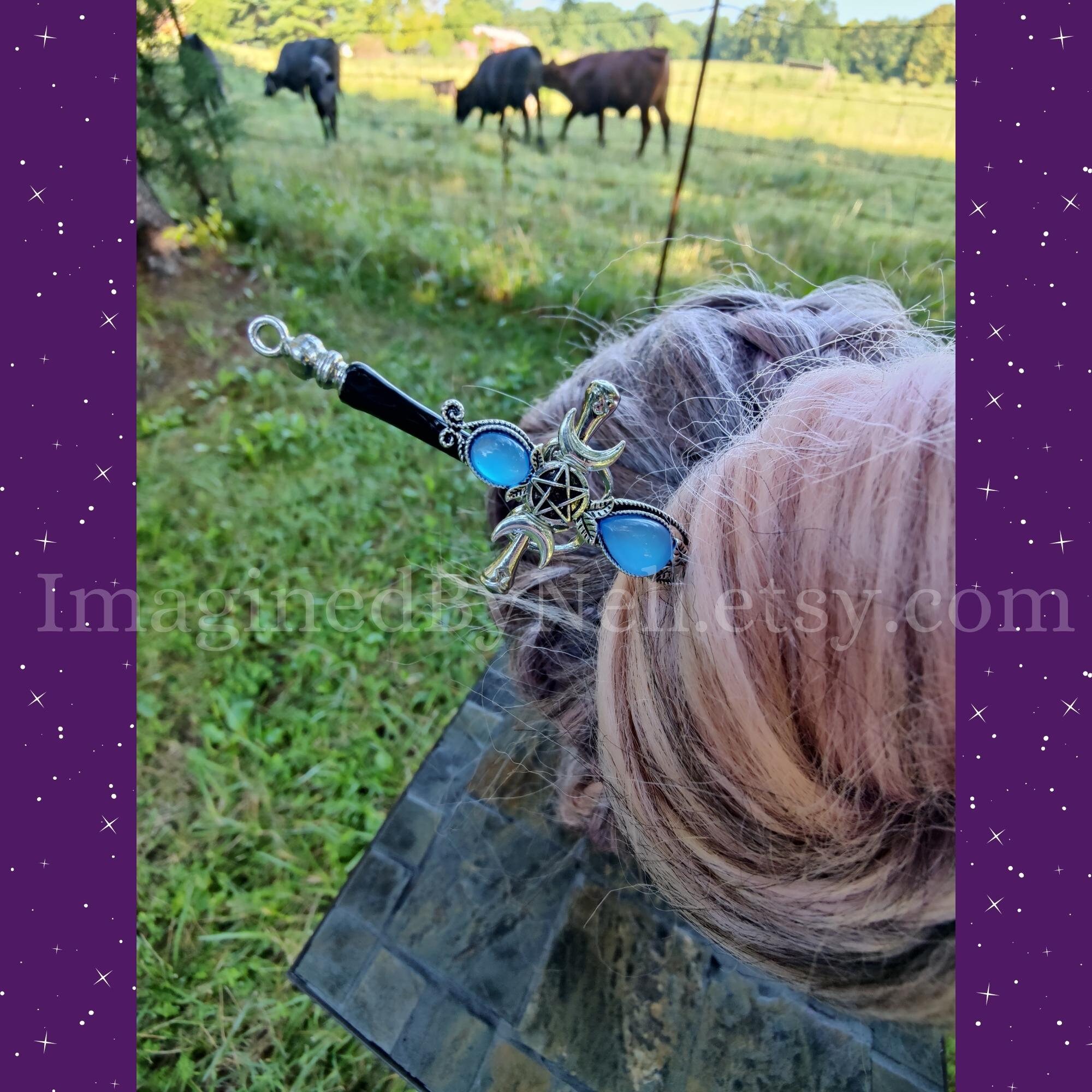 Blue Triple Moon Hair Dagger Witch Sword Hair Stick Hecate - Etsy