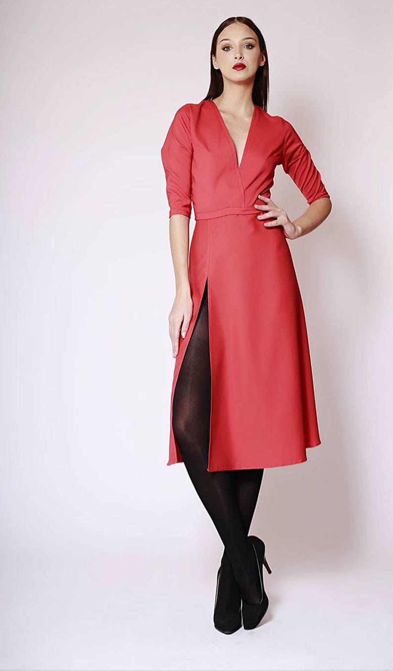 Women Dress Long Sleeve Dress Sexy Red Dress Minimal Dress Etsy