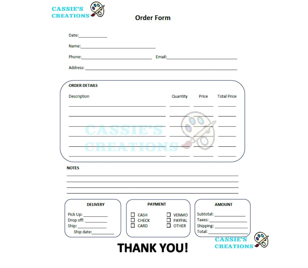 Custom Order Form PDF Instant Download for Small Business Large ...