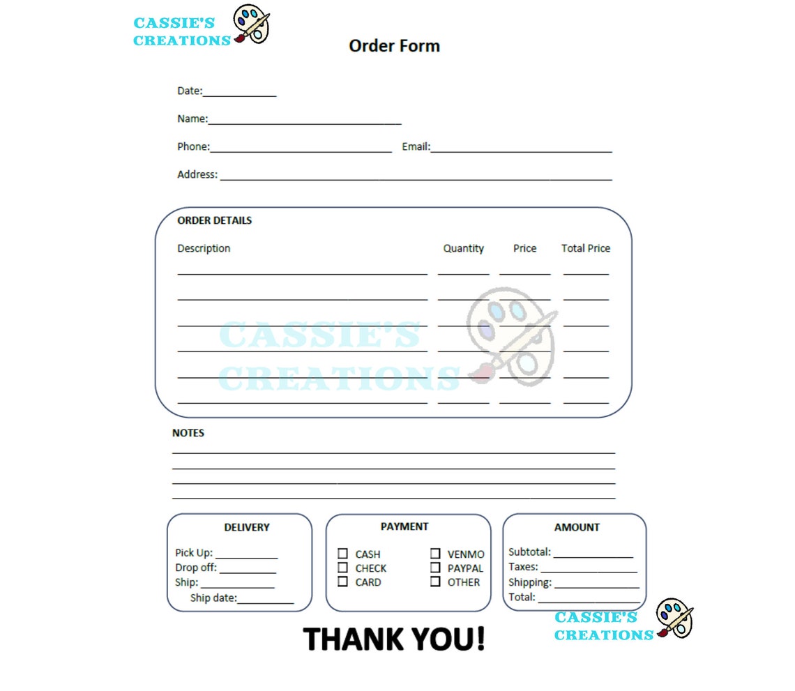 Custom Order Form PDF Instant Download for Small Business Large ...