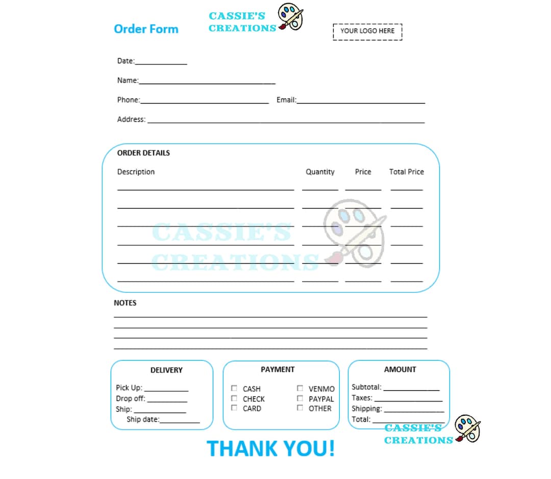 Custom Order Form With Logo and Color Choices PDF Download Small ...
