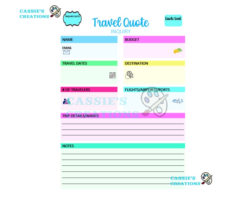 Travel Agent Travel Quote Inquiry Form PDF Instant Download for Small ...