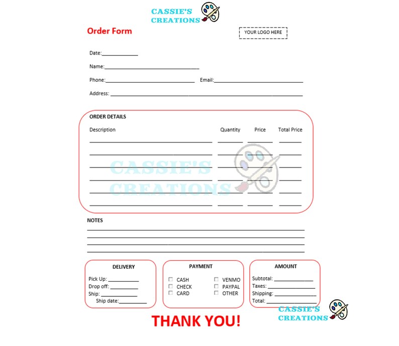 Custom Order Form With Logo and Color Choices PDF Download Small ...