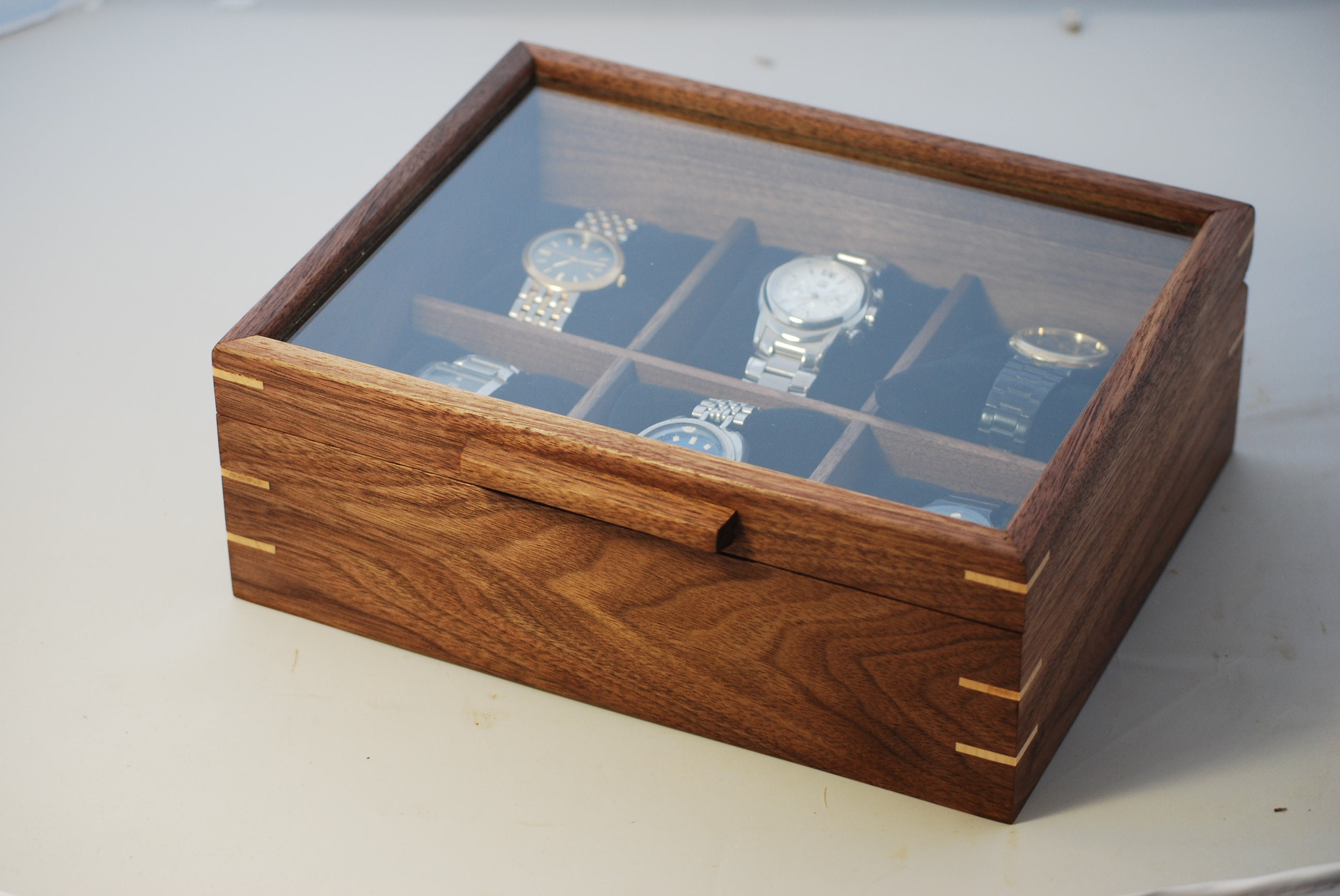 Walnut Watch Box With Glass Top-holds 6 Watches - Etsy