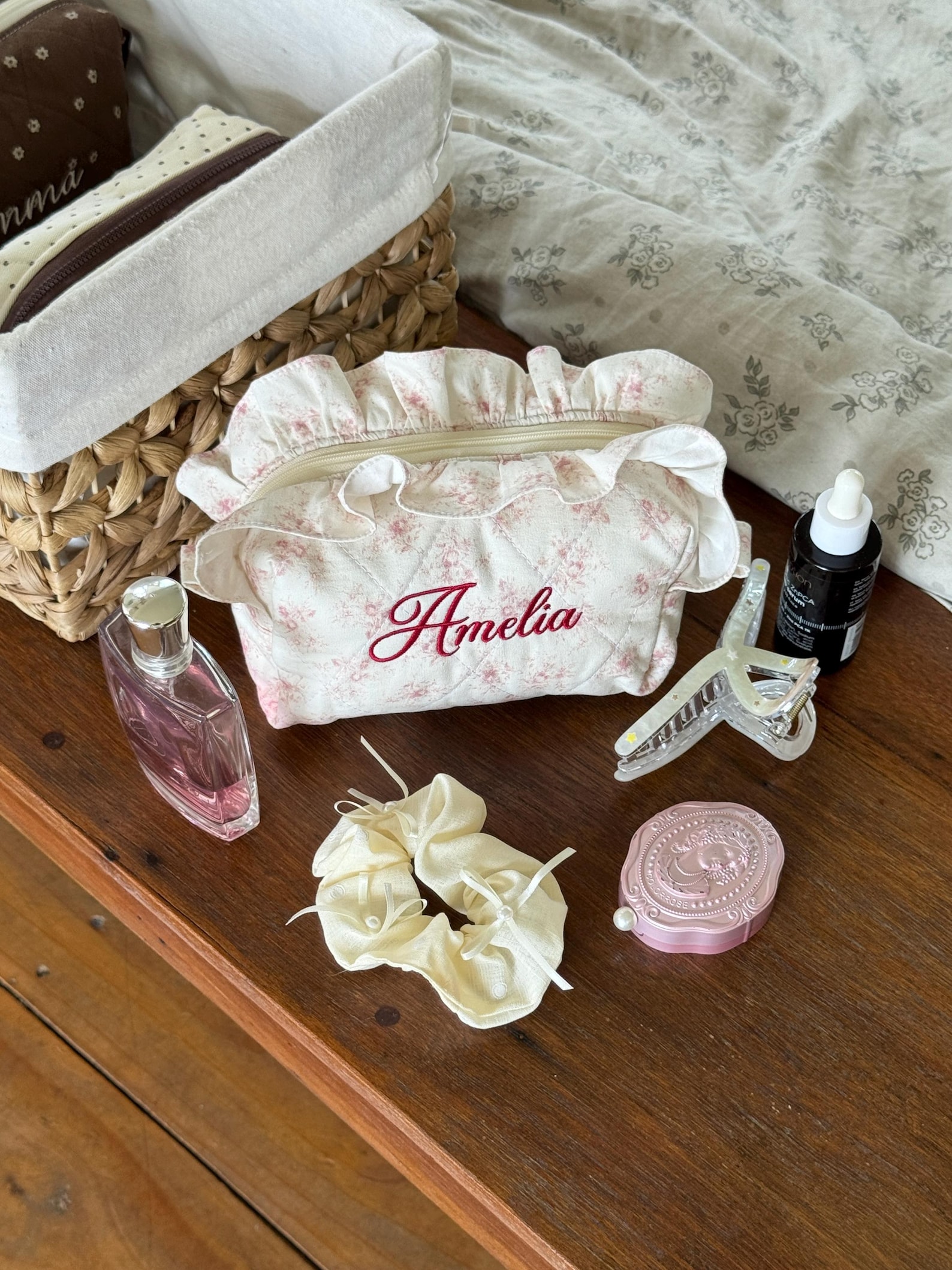 Personalized Ruffle Makeup Bag, Quilted Floral Pouch With Embroidered ...
