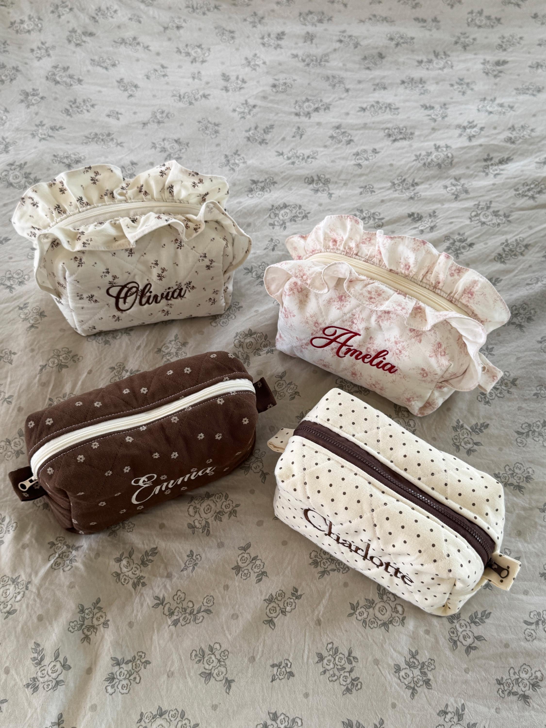 Personalized Ruffle Makeup Bag, Quilted Floral Pouch With Embroidered ...