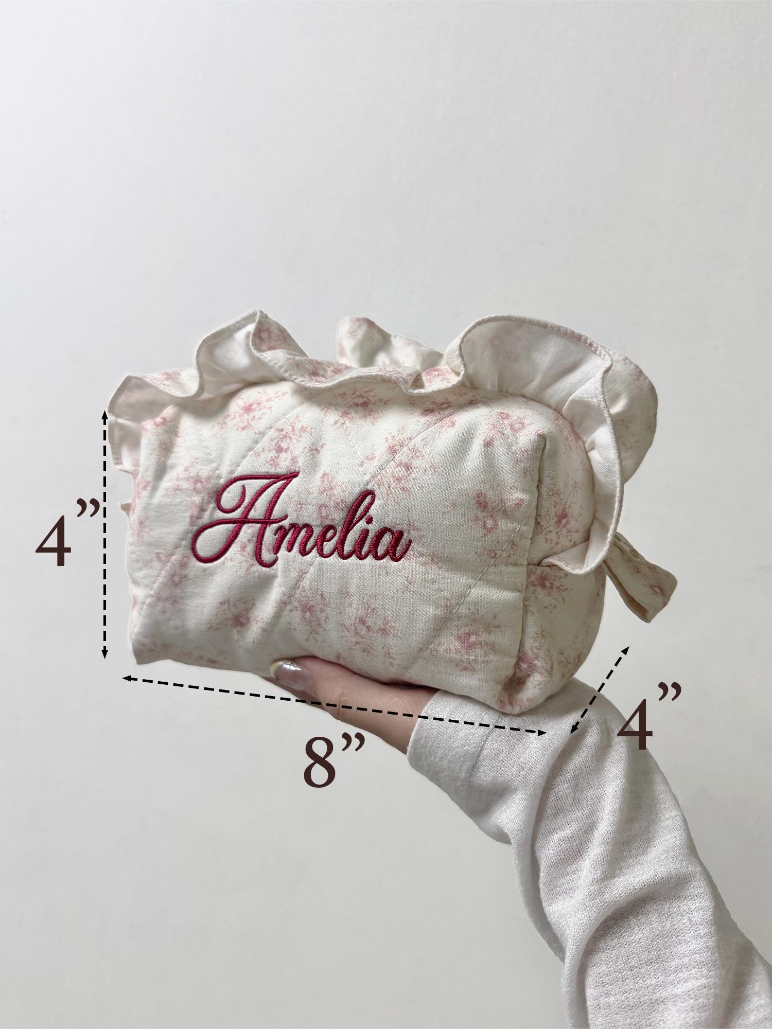 Personalized Ruffle Makeup Bag, Quilted Floral Pouch With Embroidered ...