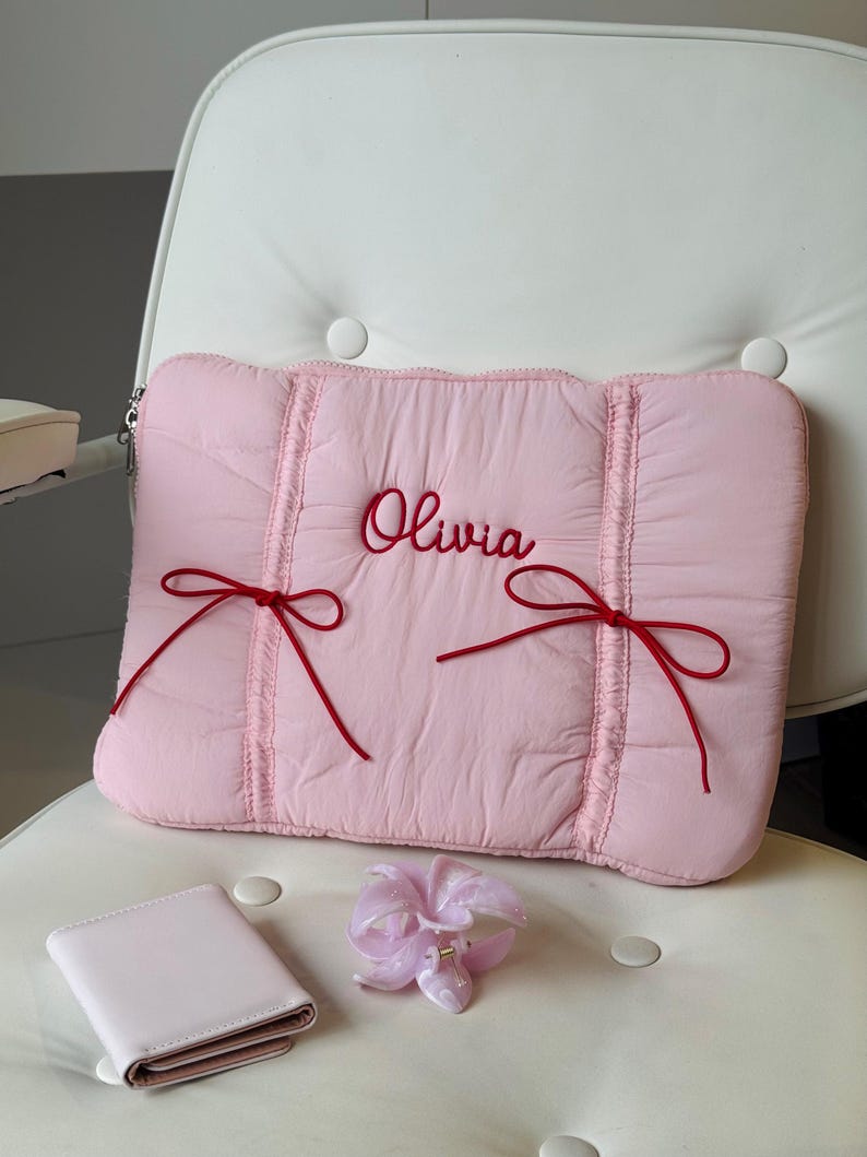 Personalized Pink Puffer Laptop Sleeve: Embroidered Name & Bows - Etsy