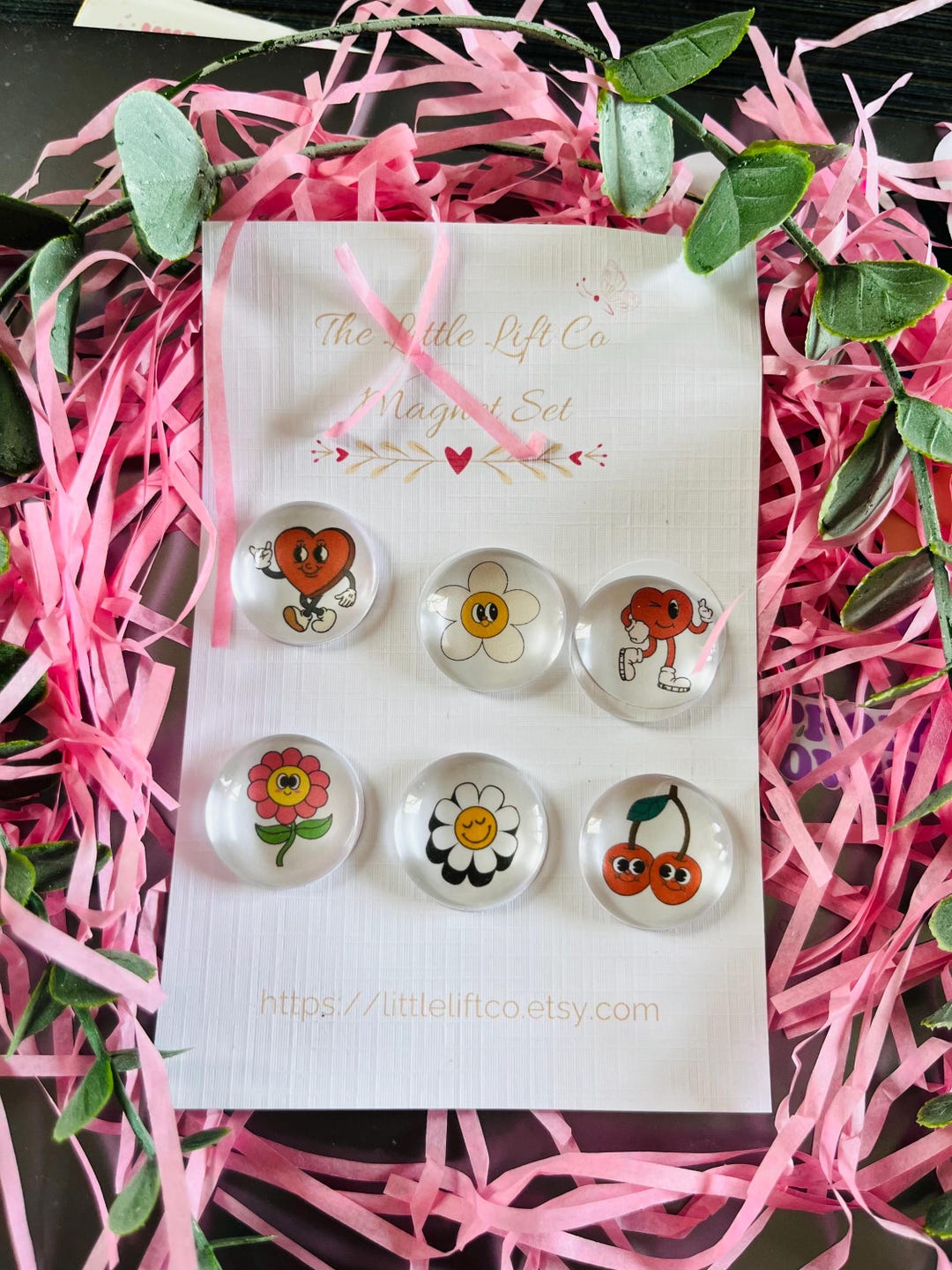 Kawaii Glass Magnet Set: Retro Heart, Cherry & Flower Fridge Decor - Etsy