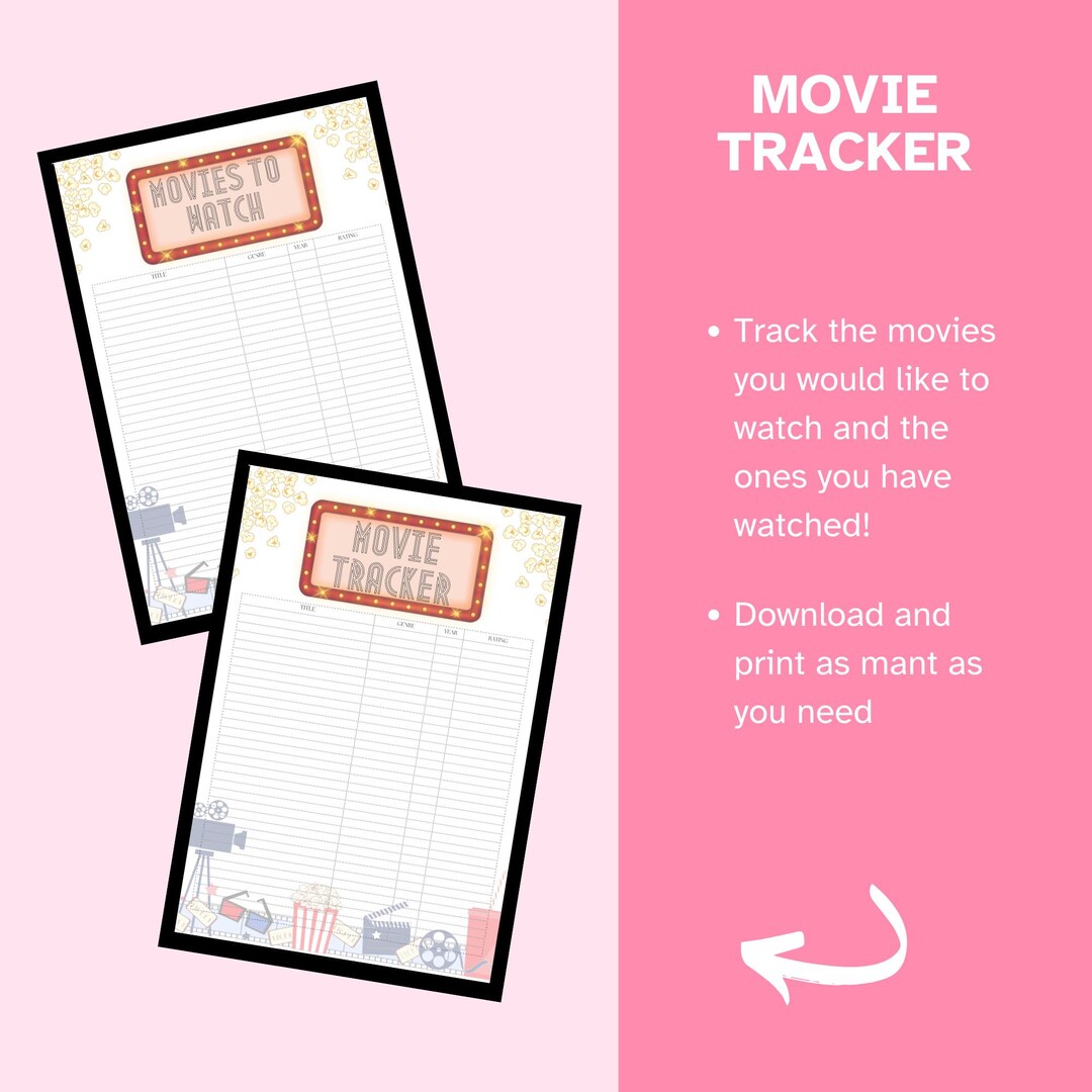Digital Printable Movie Tracker Movie Log Template Film Watchlist ...