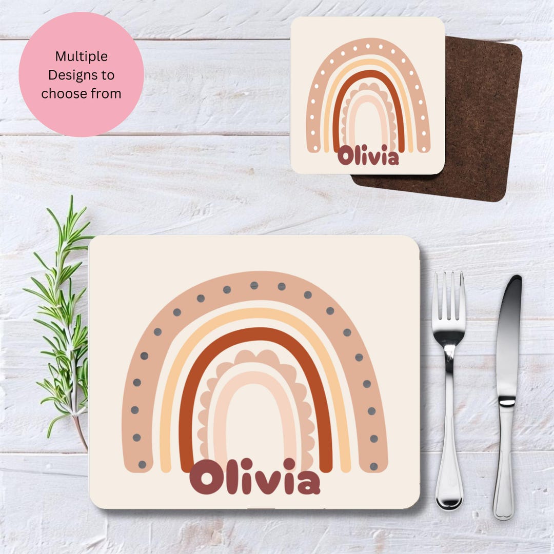 Kid's Rainbow Placemat & Coaster, Personalised Watercolour Boho Rainbow ...