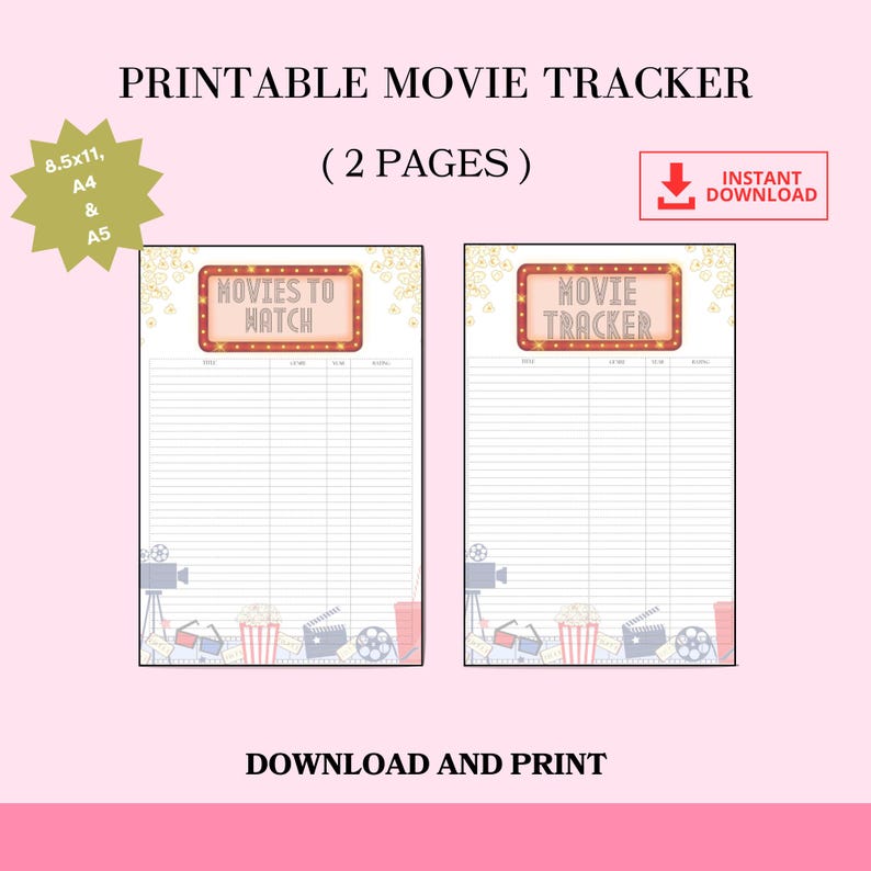 Digital Printable Movie Tracker Movie Log Template Film Watchlist ...