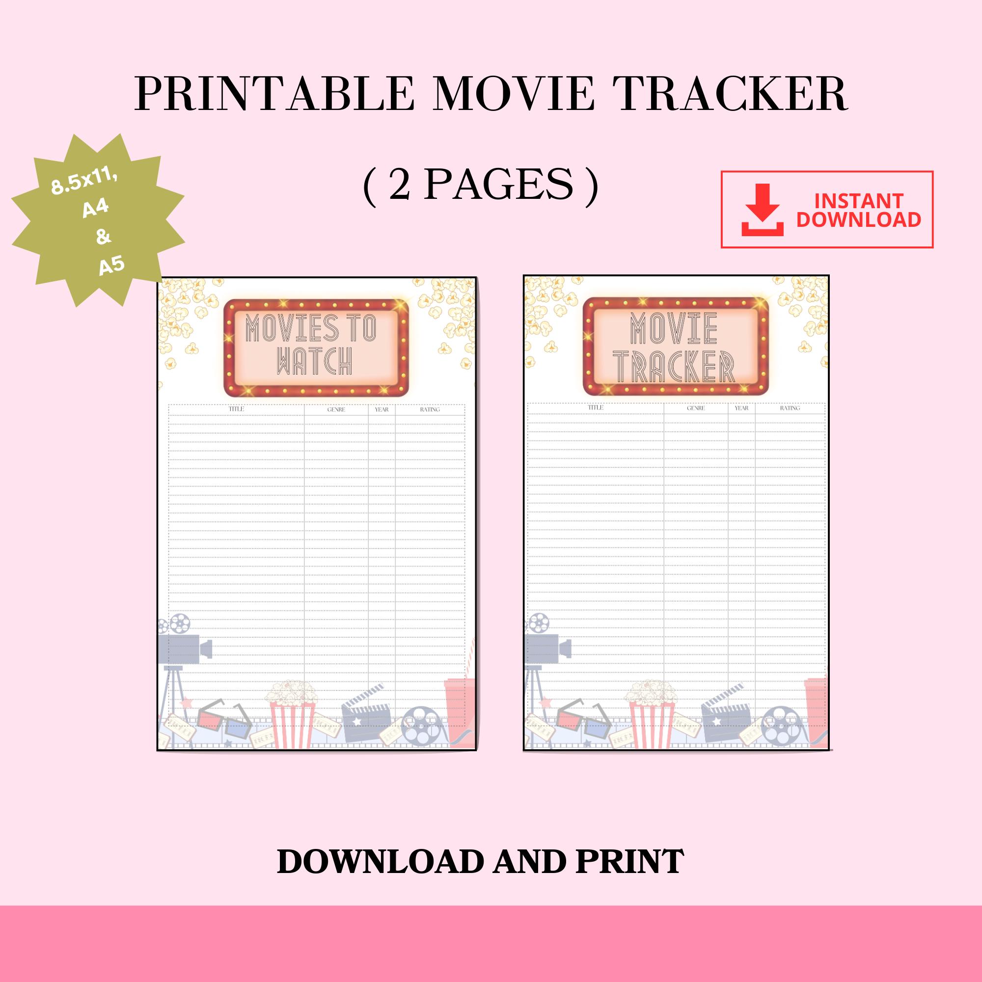 Digital Printable Movie Tracker Movie Log Template Film Watchlist ...