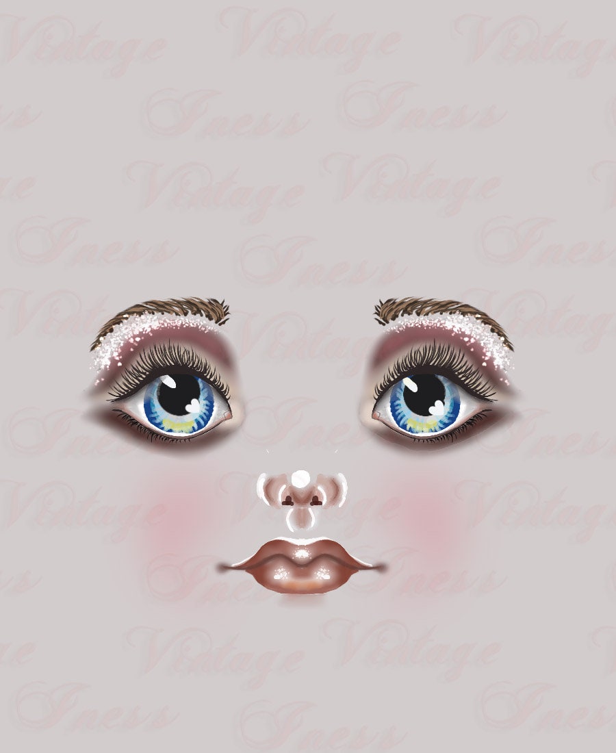 Doll Face Print, Beautiful Doll Faces, Clipart Eyes, Lips, Nose, Blue ...