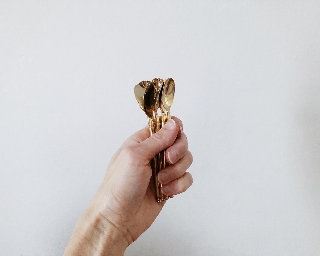 Vintage Gold Tone Metal Cocktail Spoon Set Set of 9 Espresso or Dessert ...