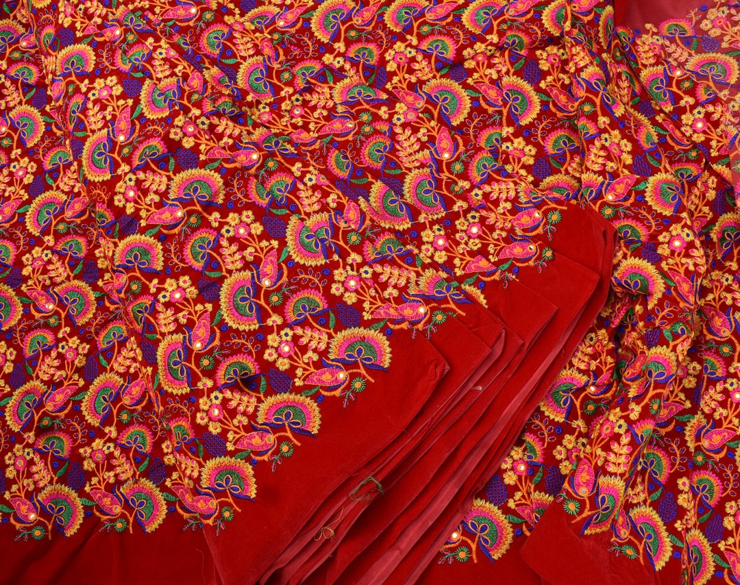 Red Craft Velvet Embroidery Hand Spun Fabric for Dress Design, Crafts ...