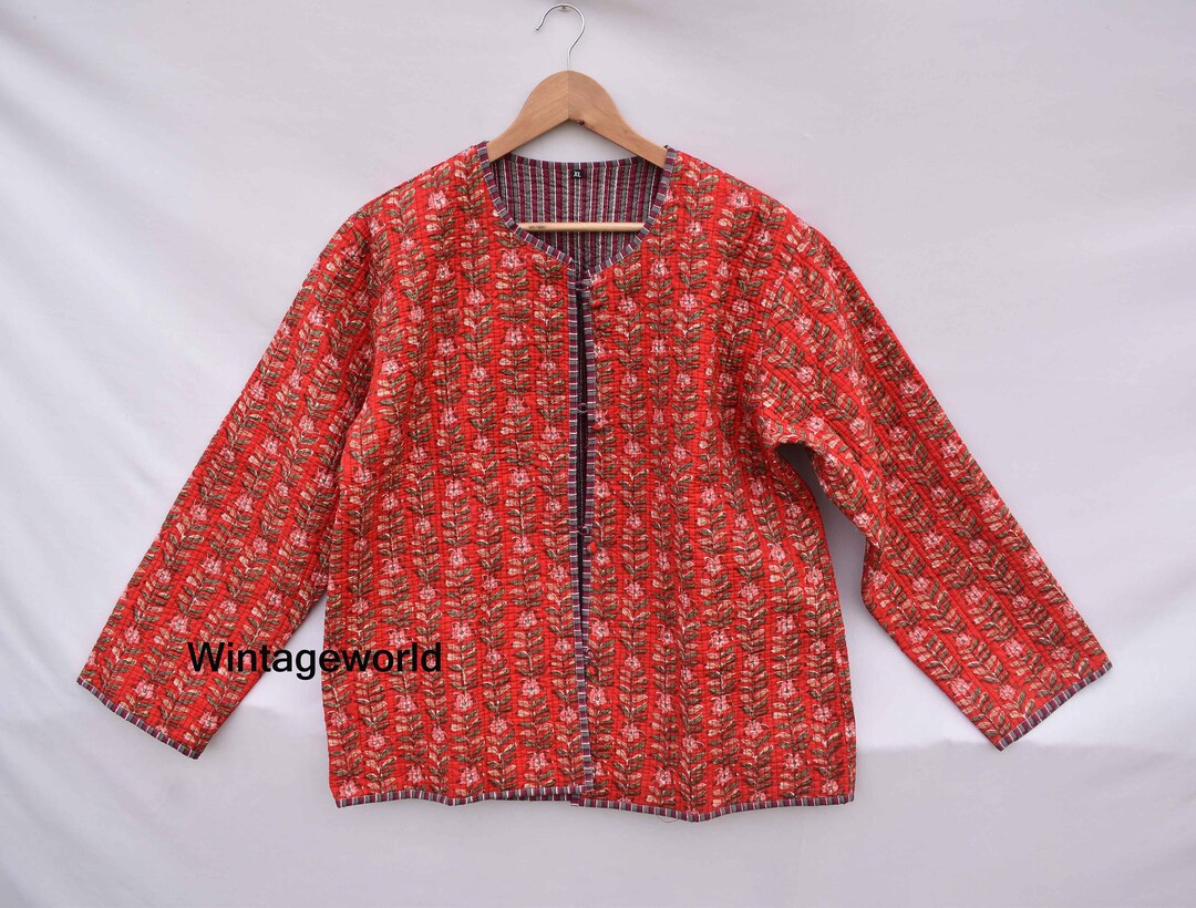 Red Flower Quilted Jacket Reversible Women Girls Vintage Winter Summer ...