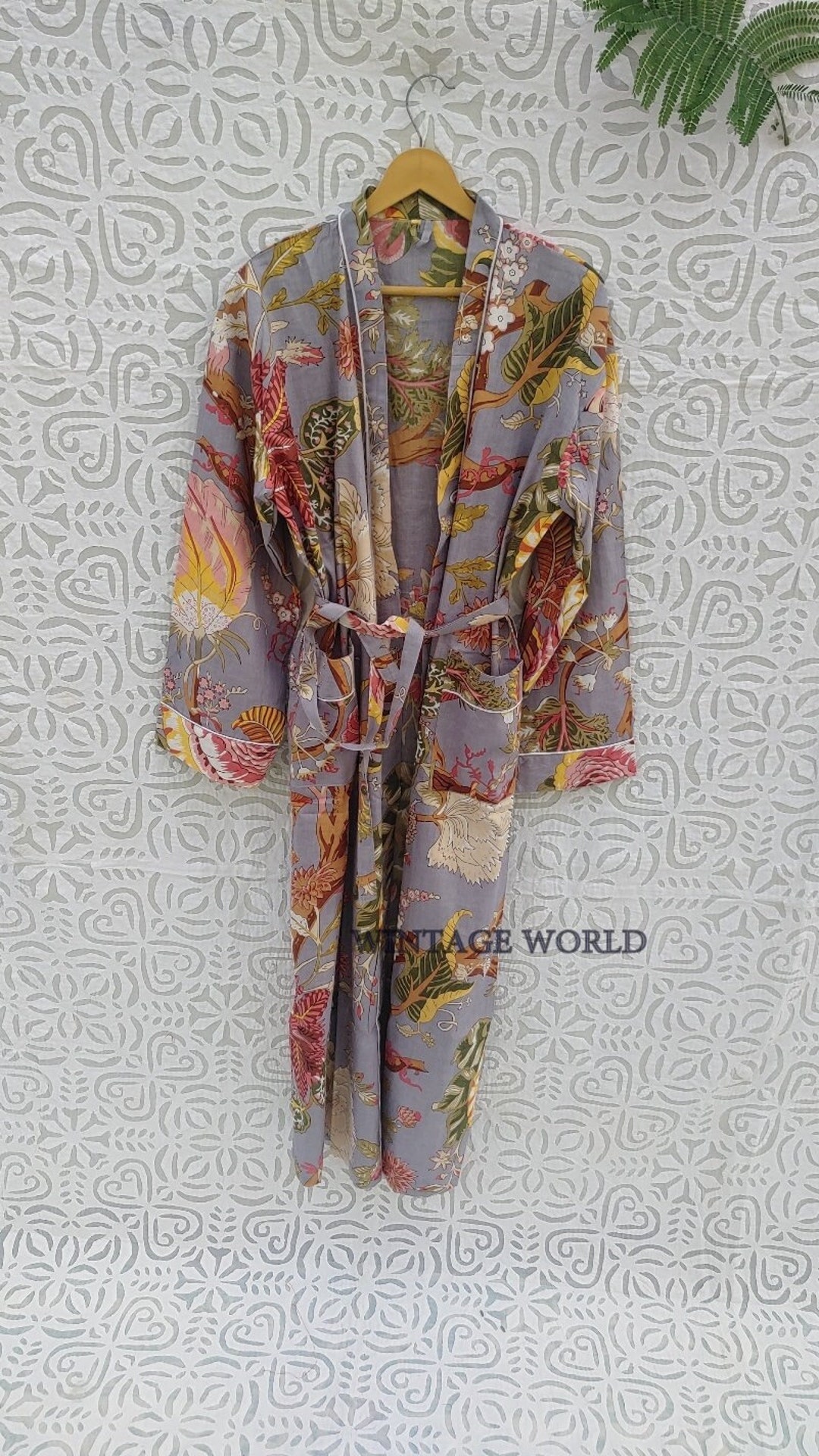 Women's Kimono Robe Cotton Dressing Gown Boho Cotton Bathrobe for Women ...