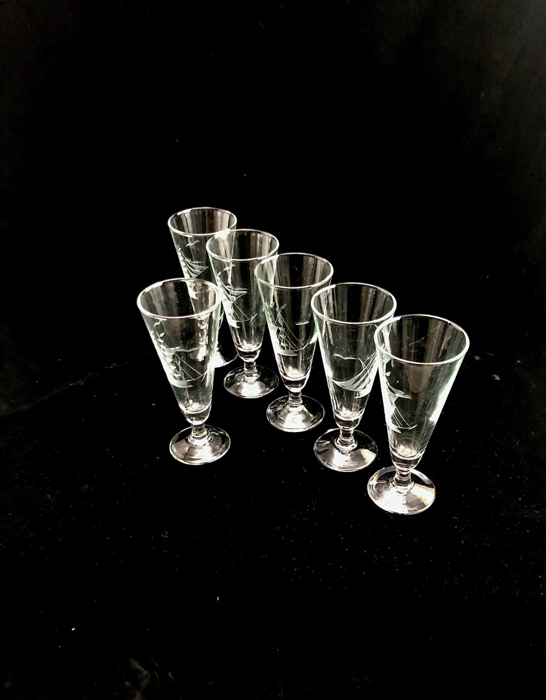 A Set of Six of Vintage Javit Crystal Etched Clipper Ship Pilsner ...