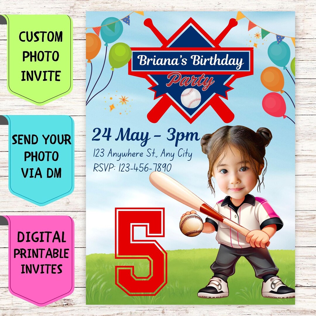 Custom Face Baseball Birthday Invitation: Personalized Digital Card ...