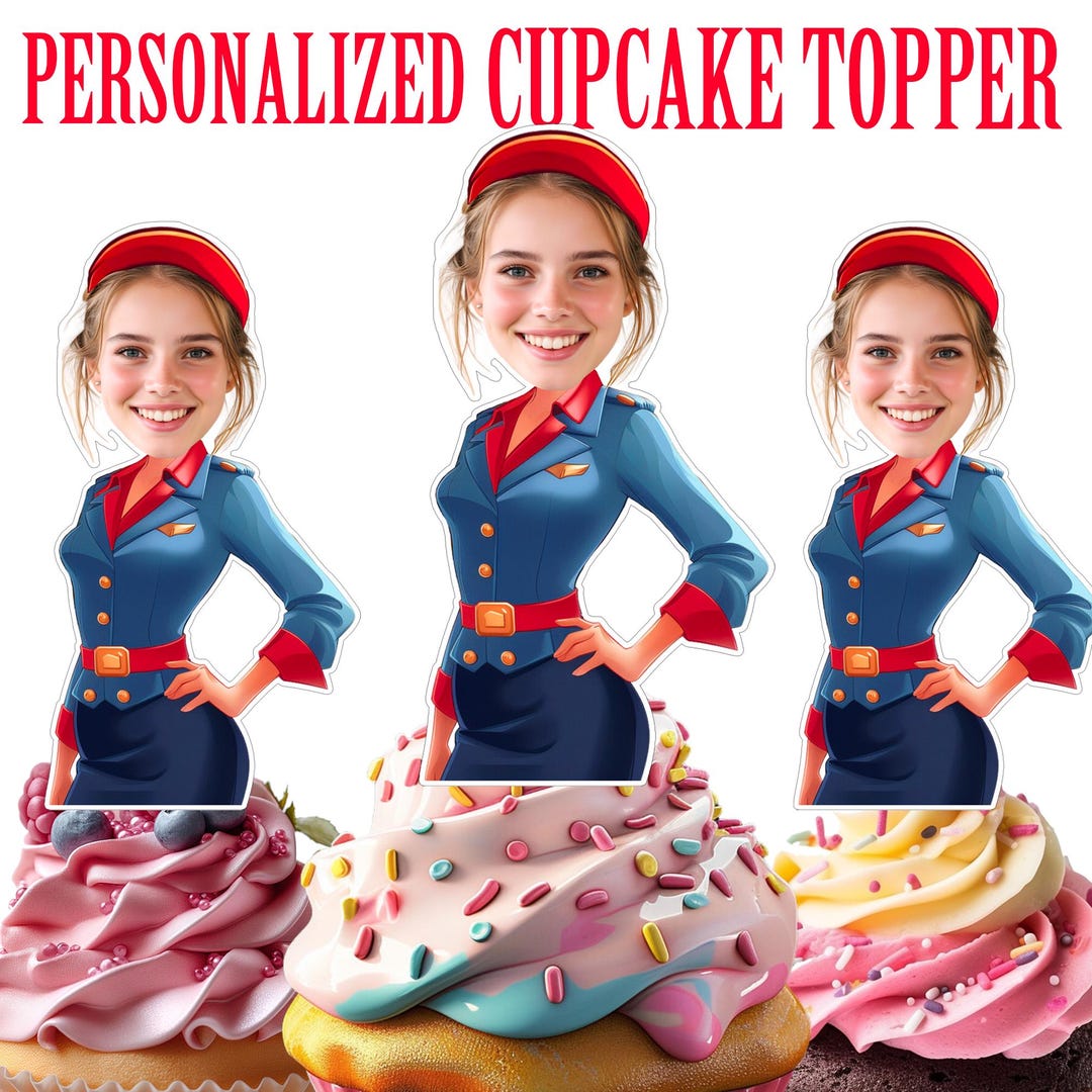 Flight Attendant Cupcake Topper, Personalized Hostess Face Cupcake ...