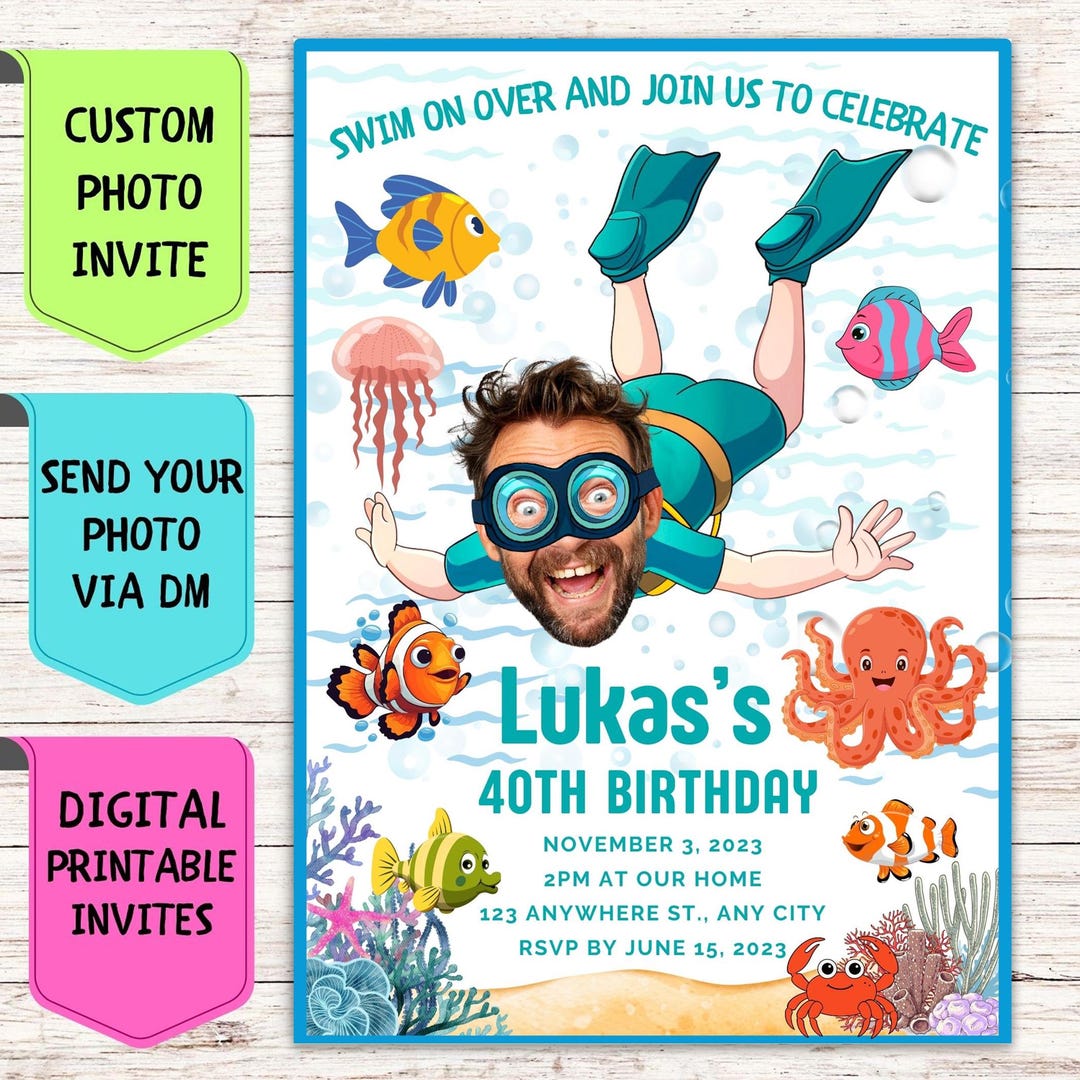 Diver Birthday Invitation, Custom Face Photo Birthday Invitation ...