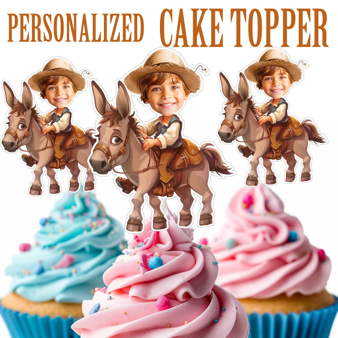 Boy on Donkey Cupcake Topper, Personalized Farmer With Donkey Cupcake ...